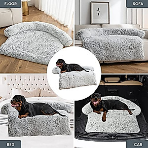Auemtyn Dog Bed,Calming Dog Beds for Large Dogs,Fluffy Non-Slip 45"x37"x7"Dog Bed Couch Protector with Removable Pet Soft Neck Bolster,Washable Dog Bed Cover with Hidden Zipper（White）
