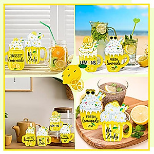 4 Pcs Lemon Tabletop Mug Sign Decor Lemon Table Decor Summer Lemon Tiered Tray Decor Farmhouse Wood Tiered Tray Decor Kitchen Standing Sign for Home Decor