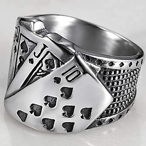 Jude Jewelers Retro Vintage Stainless Steel Poker Games Royal Sraight Flush Casino Cocktail Party Biker Ring (Silver, 16)