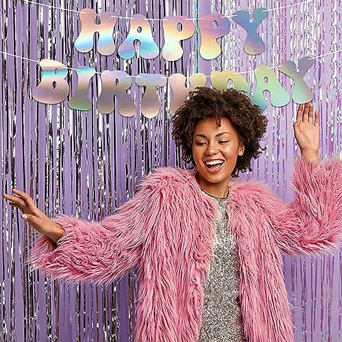 Pre-Strung Happy Birthday Banner - NO DIY - Iridescent Birthday Party Banner - Pre-Strung Garland on 8 ft Strands - Holographic Shiny Foil Retro 70s Birthday Party Decorations. Did we Mention no DIY