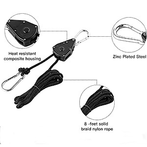 OneChoi Grow Light Rope Hanger 50Pairs，1/8" 8-Feet Long Heavy Duty Adjustable Rope Clip Hanger, Adjustable Rope Ratchet Hangers 150 Lbs per Pair Used with Grow Light, Grow Bags