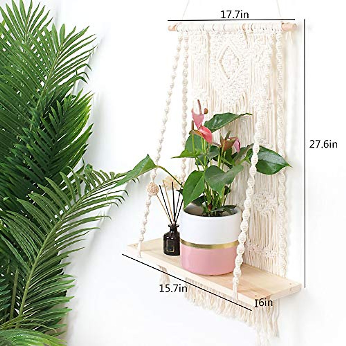 XIAOHESHOP Macrame Wall Hanging Shelf, Wood Hanging Shelf Organizer Hanger, Rope Plant Hanger Holder Rope Plant Hanger,Handmade Boho Home Wall Decor