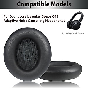 Adhiper Replacement Ear Pads for Anker Space Q45 Headphones, Ear Cushions for Soundcore by Anker Space Q45 Adaptive Noise Cancelling Headphones,with Buckle, Soft Protein Leather, Memory Foam(Black)