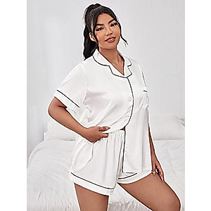 MakeMeChic Women's Plus Size Satin Button Down Pajama Set Silk Short Sleeve Sleepwear White 4XL