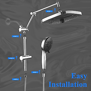 10+9 Functions High Pressure Rain/Rainfall Shower Heads With Handheld Spray Combo(Built-in Power Wash Mode), 10 Inch Double/Dual Shower Head With Handheld - Height/Angle Adjustable(Polished Chrome)