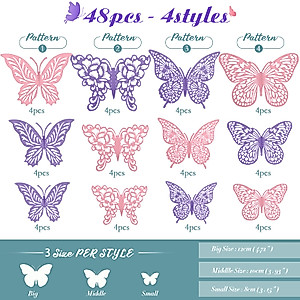 3D Gold Butterfly Wall Decor 48Pcs 3 Sizes 4 Styles Butterfly Party Decorations Cake Decorations Removable Stickers Wall Decor Room Mural Metallic Kids (Purple+Pink)