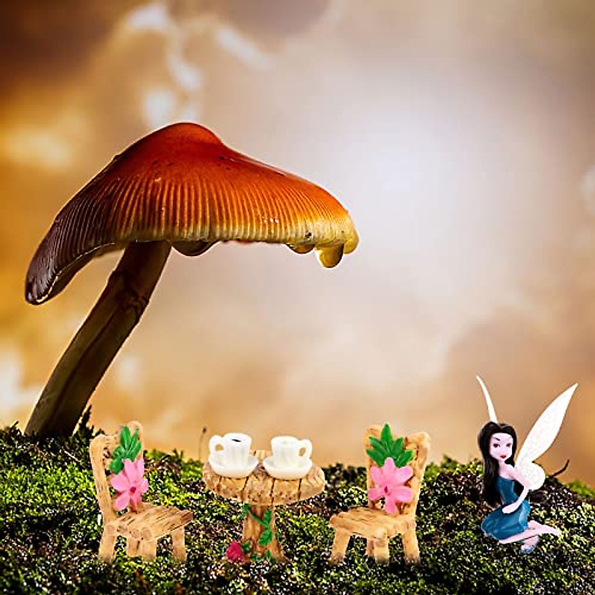 IYSHOUGONG 11 Pcs/Set Miniature Fairy Garden Ornament Table Chair Tea Cup Fairy Pixie Girl Fly Wing DIY Dollhouse Decor