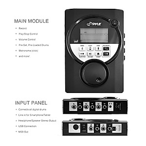 Pyle 9 Piece Electronic Set-Electric Kit with 5 Drum Heads, 2 Cymbal Crash Pads, Hi Hat and Bass Pedal Controller, Module, Stand Rack, Sticks-Professional/Beginners (PED021M)