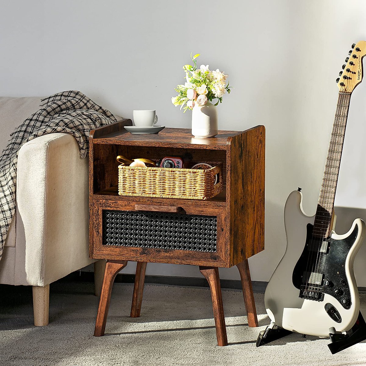 Lerliuo Rattan Nightstand, Side Table with Drawer Open Shelf, Cane Accent Bedside End Table with Solid Wood Legs, Mid Century Modern Night Stand for Bedroom, Dorm and Small Spaces (Brown)