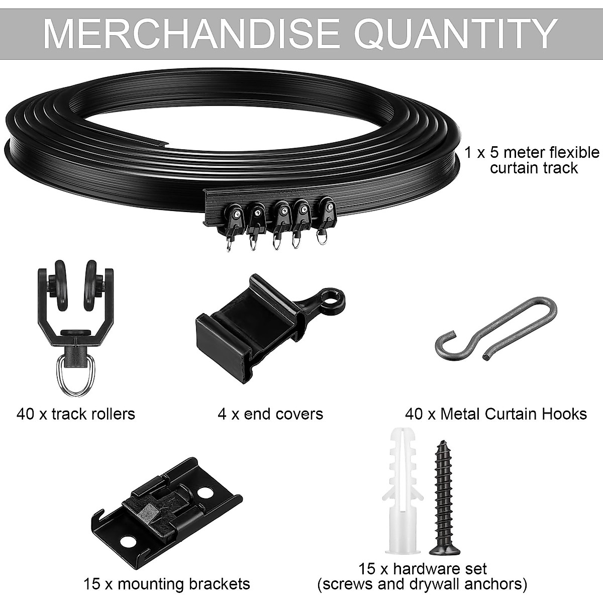 Jetec Flexible Bendable Ceiling Curtain Track, 9.8ft/16.4ft(5m), Ceiling Mount for Curtain Rail with Track Curtain System, Room Divider, Ceiling Curtain Rod, Rv Ceiling Track for Curtains(5 m,Black)