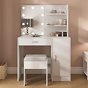 Makeup Vanity with Lights, Vanity Desk with Mirror and Lights Set, Large Drawer and Two-Tier Lots Storage Cabinet Dresser, 3 Lighting Modes Adjustable Brightness, Makeup Table for Bedroom, White