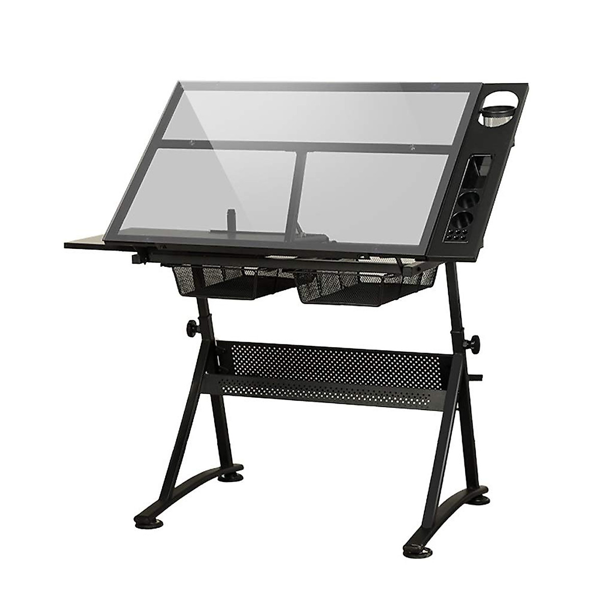 VejiA Drafting Table with Storage, Height Adjustable Tiltable Art Desk, Glass Panel Drawing Desk, for Work Study Painting Craft Table