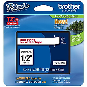 Brother Genuine TZe-232 1/2" Red on White Standard Laminated Tape for P-Touch Labeler, 6 Pack
