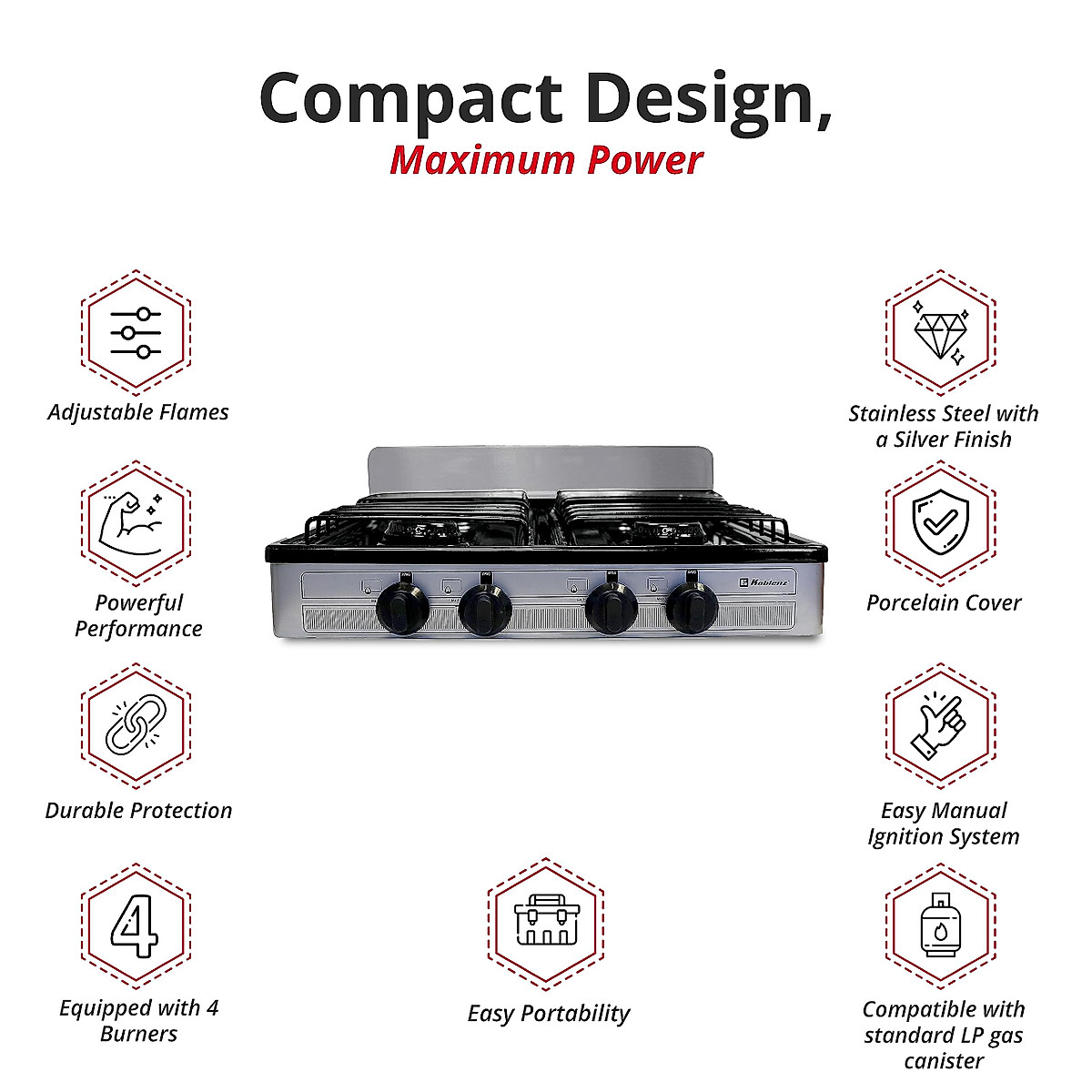 Koblenz PSK-400S 4 Portable Porcelain Cover and Four 16,000 BTU Burners, Stainless Steel Stove for Propane Gas, Silver