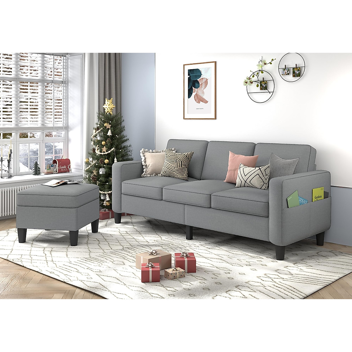Woyomeub Sectional Couches for Living Room: L Shaped Couch with Storage Ottoman - Gray Sofa 3 Seater Furniture Set Modern Linen Fabric Futon Sleeper Sofas for Apartment Studio Small Space