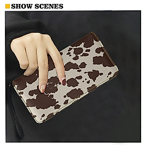 Wanyint Brown Cow Wallets for Women Animal Fur Pattern Zipper Long Purse with Removable Wristlet, RFID Blocking Wallet