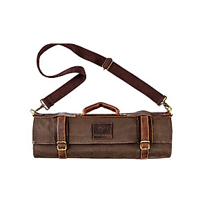 EVERPRIDE Waxed Canvas and Leather Chef Knife Roll Bag – Chef Bag Holds 10 Knives up to 18” PLUS Pocket for Cooking Accessories – Durable Knife Case for Professional Chefs – Knives Not Included