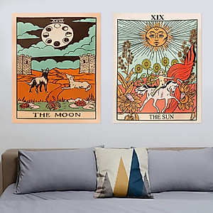 ZeeDix 4 Pcs Tarot Flag Tapestry- Small Tarot Card Europe Mysterious Medieval Tapestry, The Strength, The Sun, The Moon, The Star Astrology Divination Tapestry for Home Room with Seamless Nails