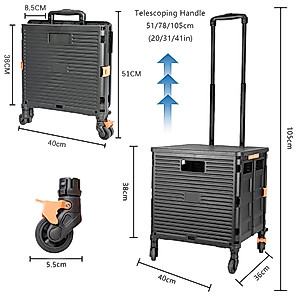 FELICON SELORSS Foldable Utility Cart Folding Portable Rolling Crate Handcart with Heavy Duty Telescoping Handle Collapsible 4 Rotate Wheels for Travel Shopping Move Luggage Office Use(Black+Black)