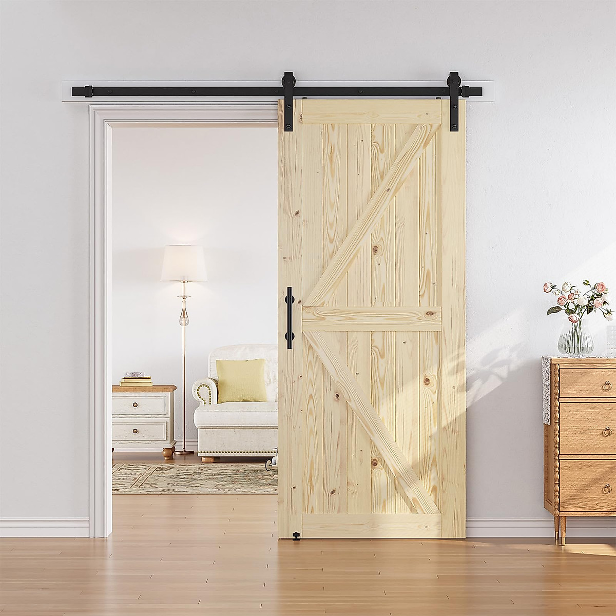 SmartStandard 36in x 84in Sliding Barn Wood Door Pre-Drilled Ready to Assemble, DIY Unfinished Solid Spruce Wood Panelled Slab, Interior Single Door Only, Natural, K-Frame (Fit 6FT-6.6FT Rail)