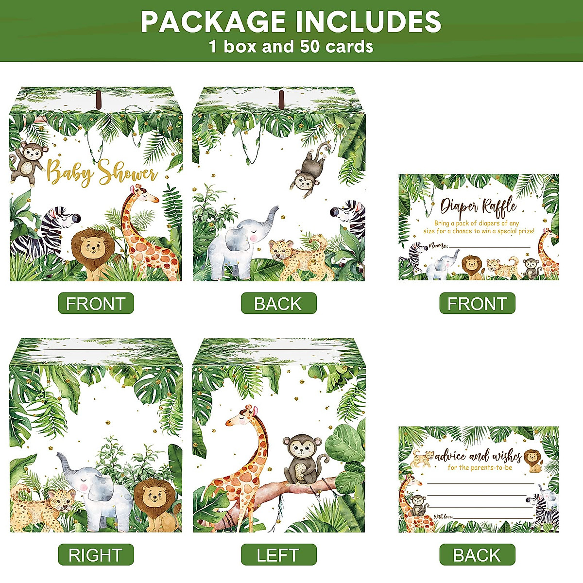 51 Pieces Woodland Baby Shower Card Box and Advice Cards, Diaper Raffle Game Box Tickets, Animals Safari Creatures Party Decorations for Baby Shower, Birthday, Gender Reveal (Jungle Animal Theme)