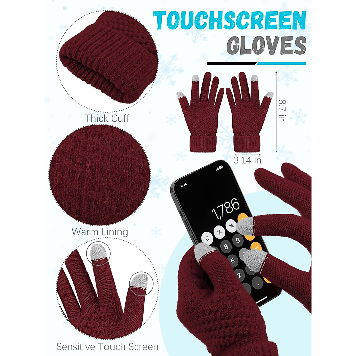 Winter Hat Scarf Gloves and Ear Warmer, Knit Warm Beanie Hat Touch Screen Gloves Long Knitted Plaid Scarf Set Gifts for Women Wine Red