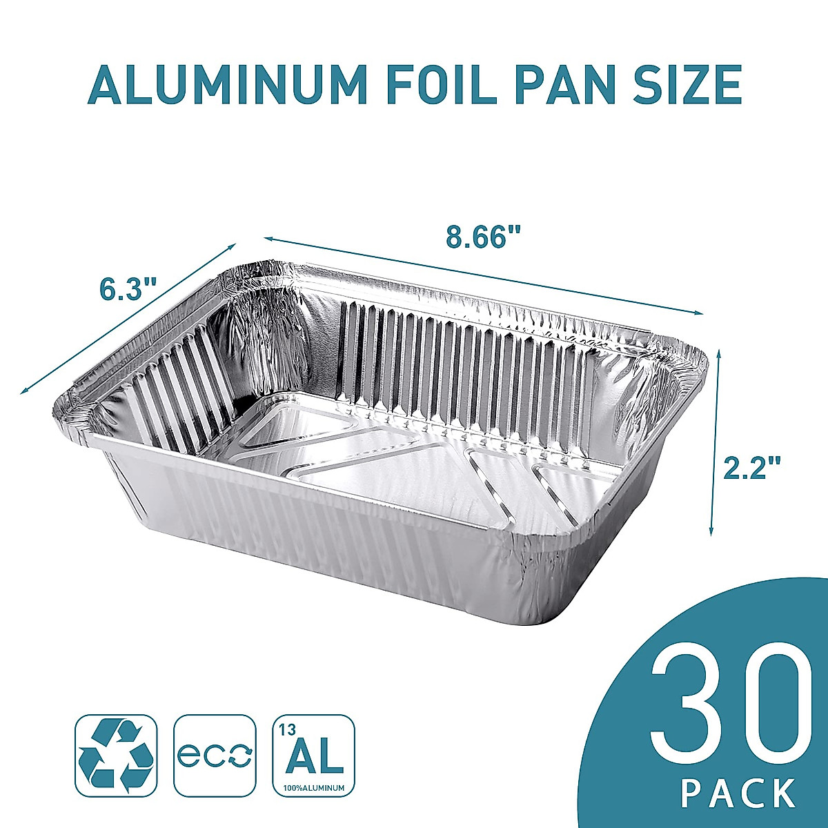 XIAFEI 2LB Takeout Foil Pans with Lids(30 Pack), Recyclable,Best Use for Baking, Cooking, Heating, Storing, Prepping Food,Takeout - 8.26" x 5.7" x 1.77"