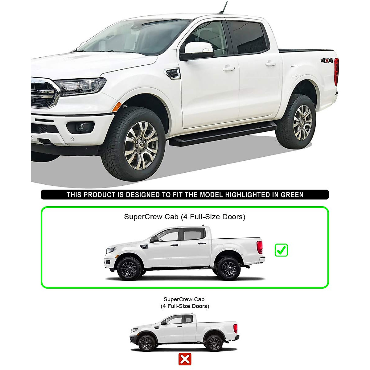 APS 6in Black Running Boards Compatible with Ford Ranger SuperCrew Cab 19-23