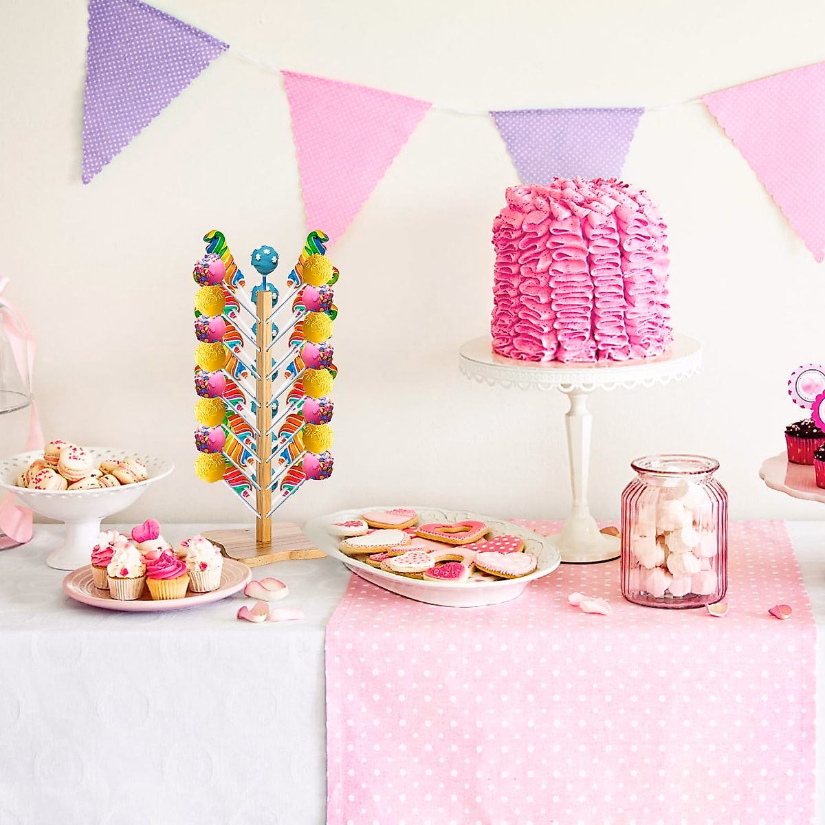 AVLA 2 Pack Wood Cake Pop Stand, 48 Holes Wooden Lollipop Holder, Decorative Candy Table Display Dessert Stand for Wedding, Birthday, Parties, Anniversaries, Sturdy and Easy to Assemble