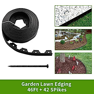 AGTEK 46FT Plastic Landscape Edging Kit 1.5in. Height No-Dig Garden Edging Border Lawn Edging Roll for Flower Bed Lawn Yard, Black with 42 Spikes