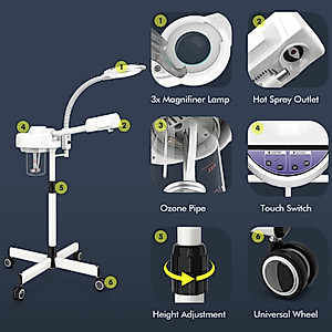 KINGSTEAM Professional Facial Steamer & Magnifying Lamp 2-in-1 Strong Steam Face Steamer with 3X Magnifying Lamp for Salon, Spa, Estheticians, Ozone Steamer for Flawless Skin