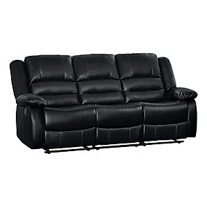 Pemberly Row 19" Transitional Faux Leather Double Reclining Sofa in Black