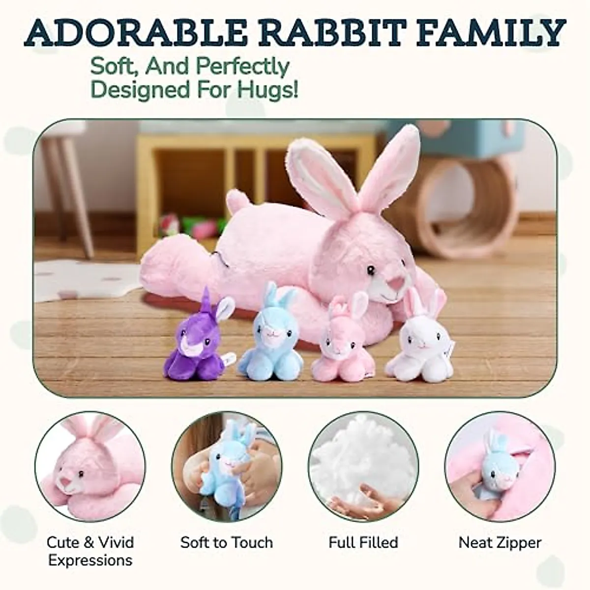 Snug A Babies Bunny Stuffed Animals with Babies Inside - Mommy and 4 Baby Rabbit Plushes for Imaginative Play - Soft Cuddly Companion for Kids - Stuffed Animals for Girls Ages 3 to 8 Years