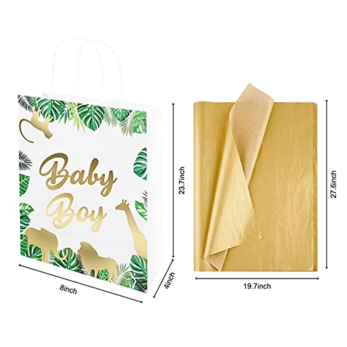 Ocean Line Baby Shower Paper Gift Bags for Boy with Tissue Papers - 12 Pack Kraft Safari Jungle Animals Baby Boy Bags with Gold Wrapping Papers, Size 8" L x 4" W x 10" H
