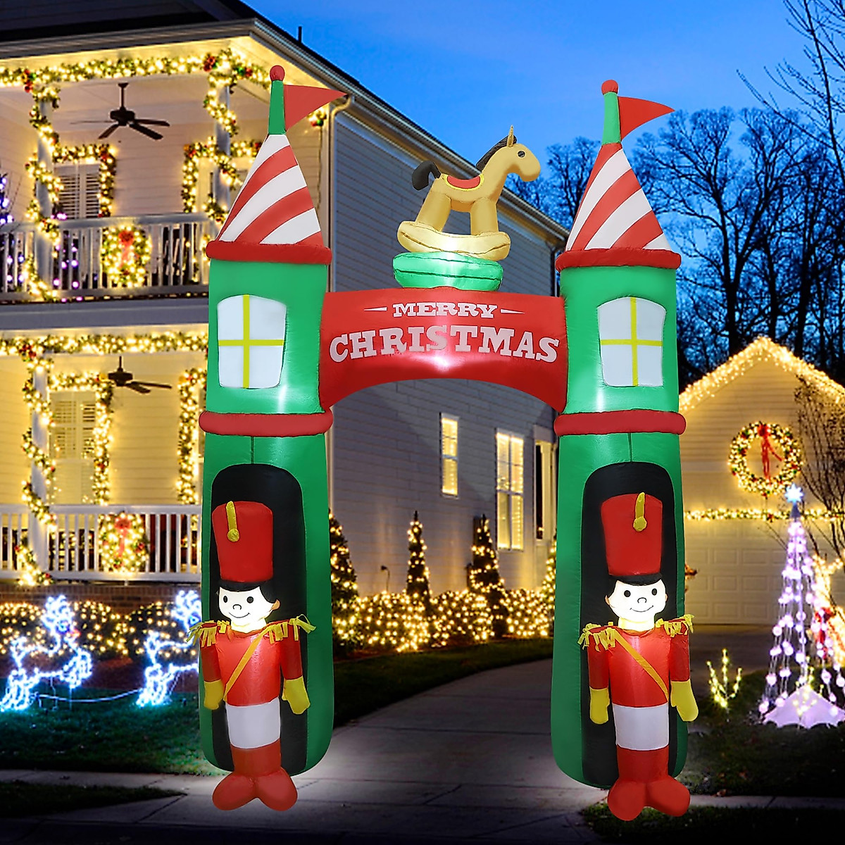 DR.DUDU 9 FT Chritmas Inflatable Arch with Soldier, Merry Christmas Archway Castle Inflatable, Blow Up Decor with Built-in LED Lights, Christmas Outdoor Decor for Yard Garden Lawn Xmas Holiday Party