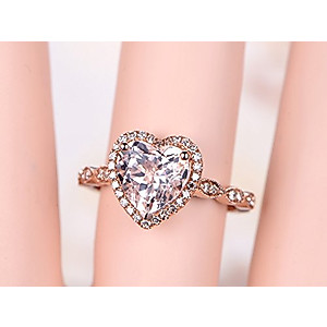 8mm Heart Shaped Cut Pink Morganite 14k Rose Gold Diamond Halo Marquise Engagement Ring Wedding Band
