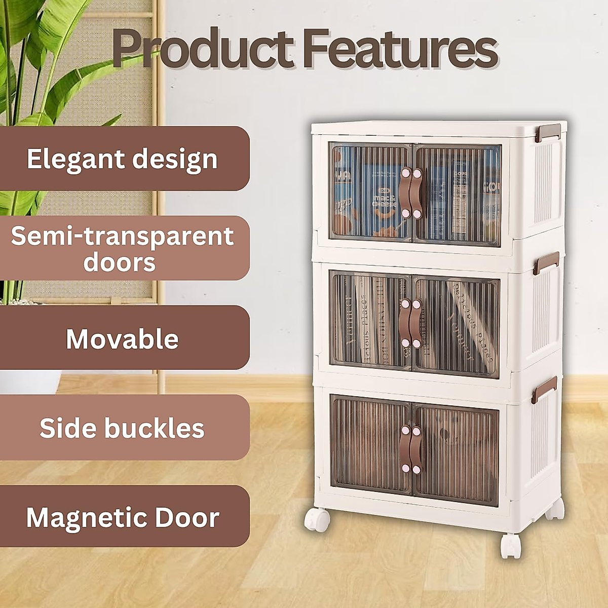PROKTIK 30 QT 3 Tier Folding Storage Bins with Doors – Magnetic Door Foldable Storage Cabinet - Folding Storage Box with Leather Handles - Stackable and Collapsible Storage Container for Books, Pantry