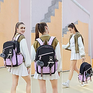 FENGDONG Teenage Girls Bookbag School Backpack Children Casual Daypack Schoolbag for Teens Black Purple