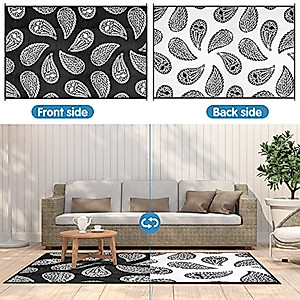 Deeliva Outdoor Camping RV Rug Mat, 9'x12' Waterproof Large Camper Rug Reversible Plastic Straw Rug Outdoor Rugs for Camping, RV, Patio Clearance, Deck, Picnic, Beach (Black & White, Paisley)