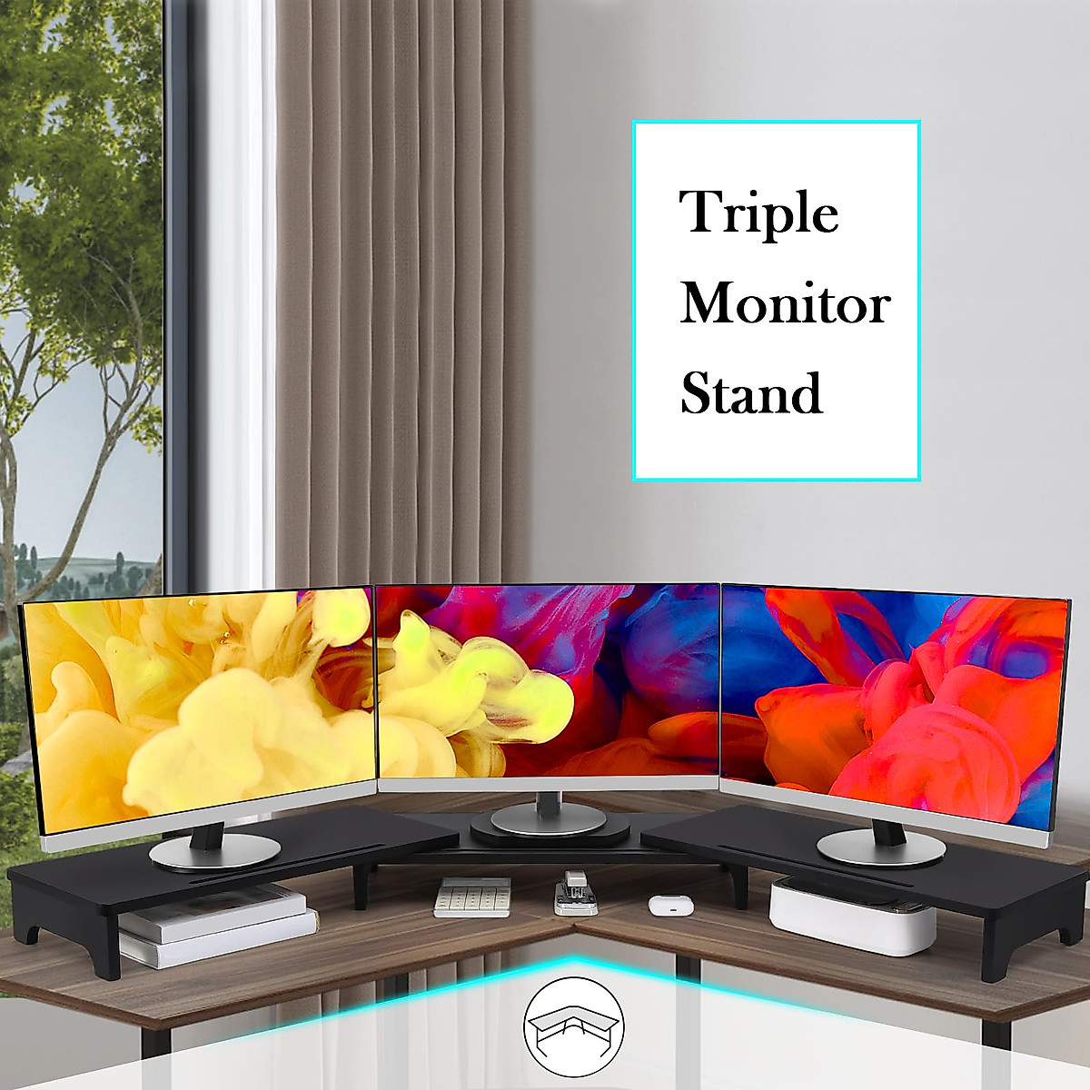 Nnewvante Monitor Stand Riser, 60 inch Large Bamboo Dual Monitor Stand for Desk, 3 Shelves Desktop Screen Riser with Adjustable Length Angle for Computer Laptop PC,Black