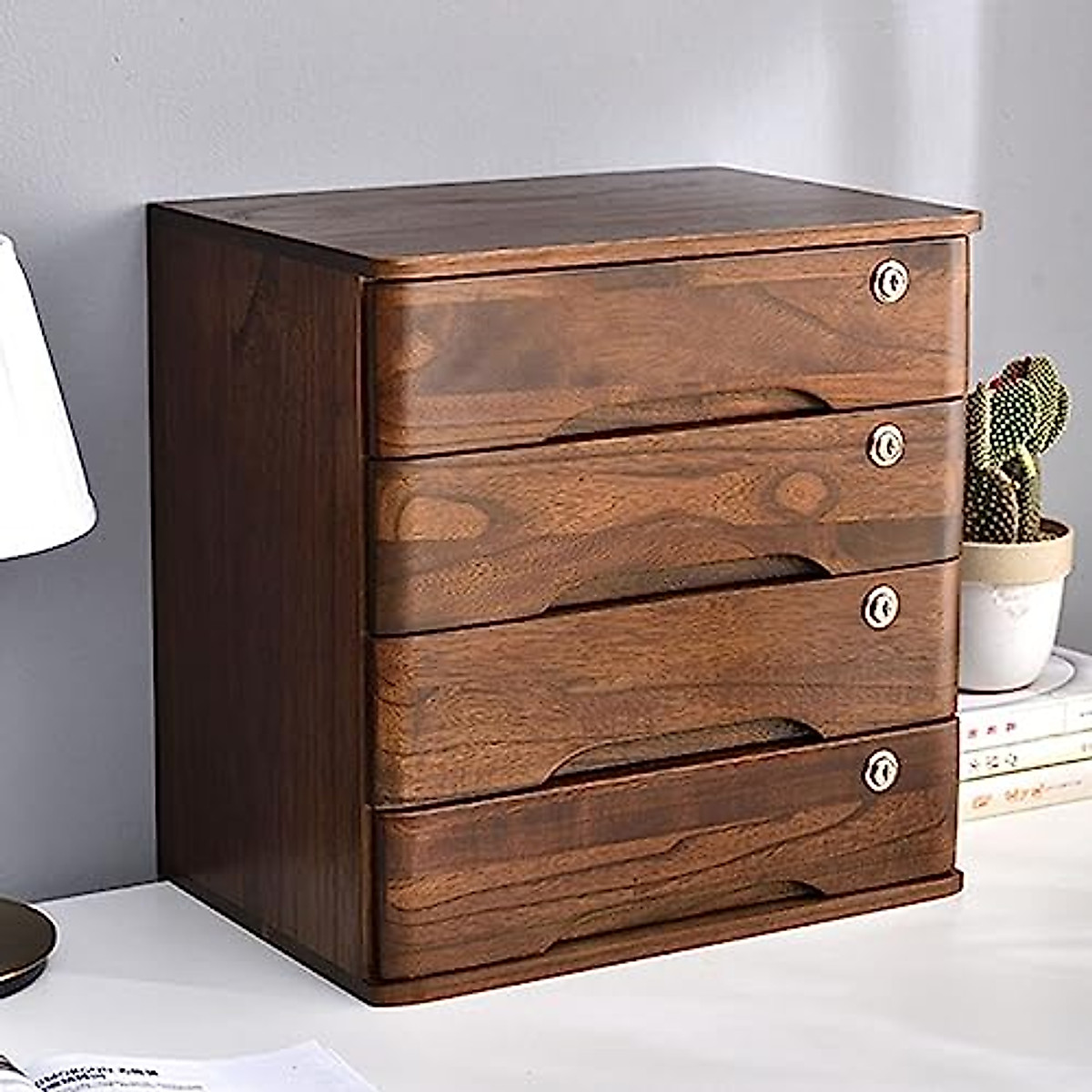 JAEFIT Solid Wood Storage Box - Flat File Cabinet, Wooden Desktop Storage Box with Lockable Drawers, Office Supplies A4/Receipt File Organizer (Size : 4 Layer)