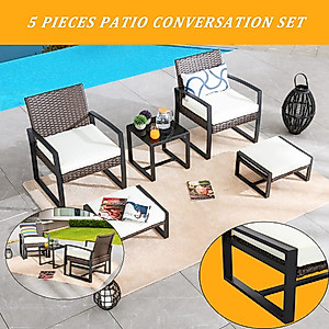 LOKATSE HOME Patio Conversation Set 5 Pieces Outdoor PE Wicker Rattan Sofa Furniture Cushioned Chairs and Ottomans with Tempered Glass Coffee Table, White