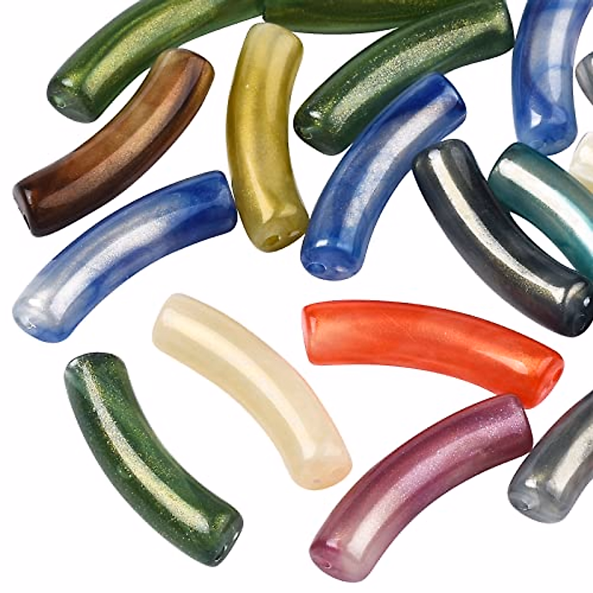 345pcs Curved Tube Beads Mixed Opaque Acrylic Spacer Loose Beads Noodle Slide Beads Bamboo Beads with Glitter Powder Long Tube Beads for Summer Friendship Bracelet Jewelry Making 32mm