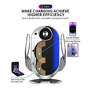 MAKAQI Wireless Car Charger, Cooling Fan Cup Holder Phone Mount Wireless Charger for Tesla, Smart Sensor Clamping Car Charger Mount for iPhone 14 13 12 Pro Max 11 10 8, Samsung Galaxy S23 S22 Flip4 3