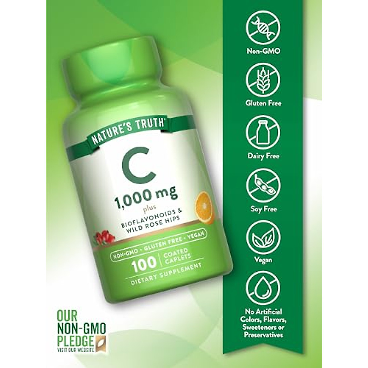 Vitamin C Bioflavonoids & Rose Hips | 1000mg | 100 Caplets | Vegetarian, Non-GMO, Gluten Free | by Nature's Truth