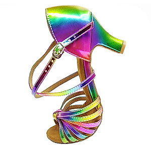 HIPPOSEUS Latin Dance Shoes for women Salsa Performance Dancing Shoes High Heel,Rainbow,Model U-YCD4, 9 B(M) US