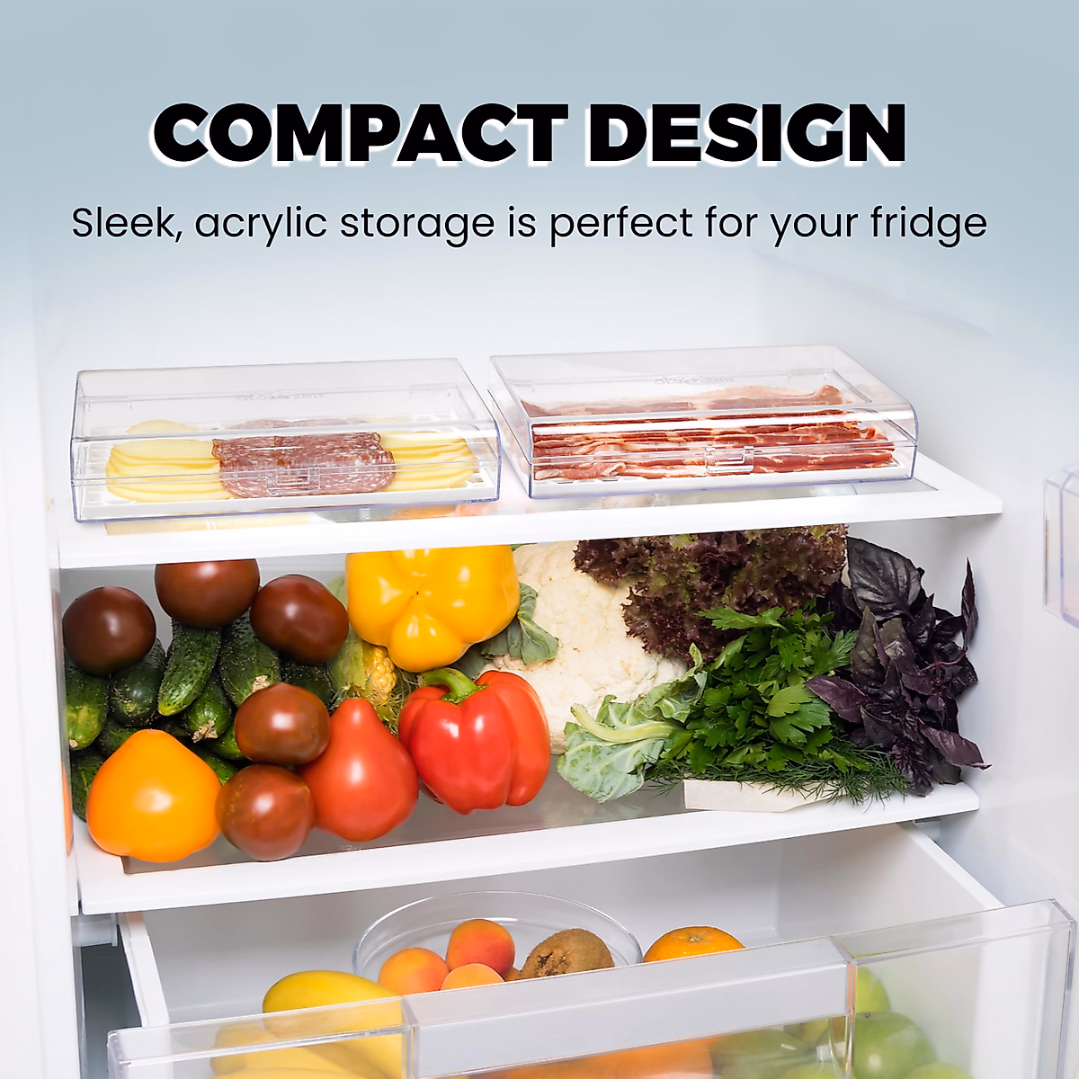 GlossyEnd Deli Meat and Cheese Storage Container with Tong, Bacon Storage Container with Perforated Tray for Freshness, Clear Durable Plastic - Dishwasher and Freezer Safe - Size: 11” x 6.5” x 2”