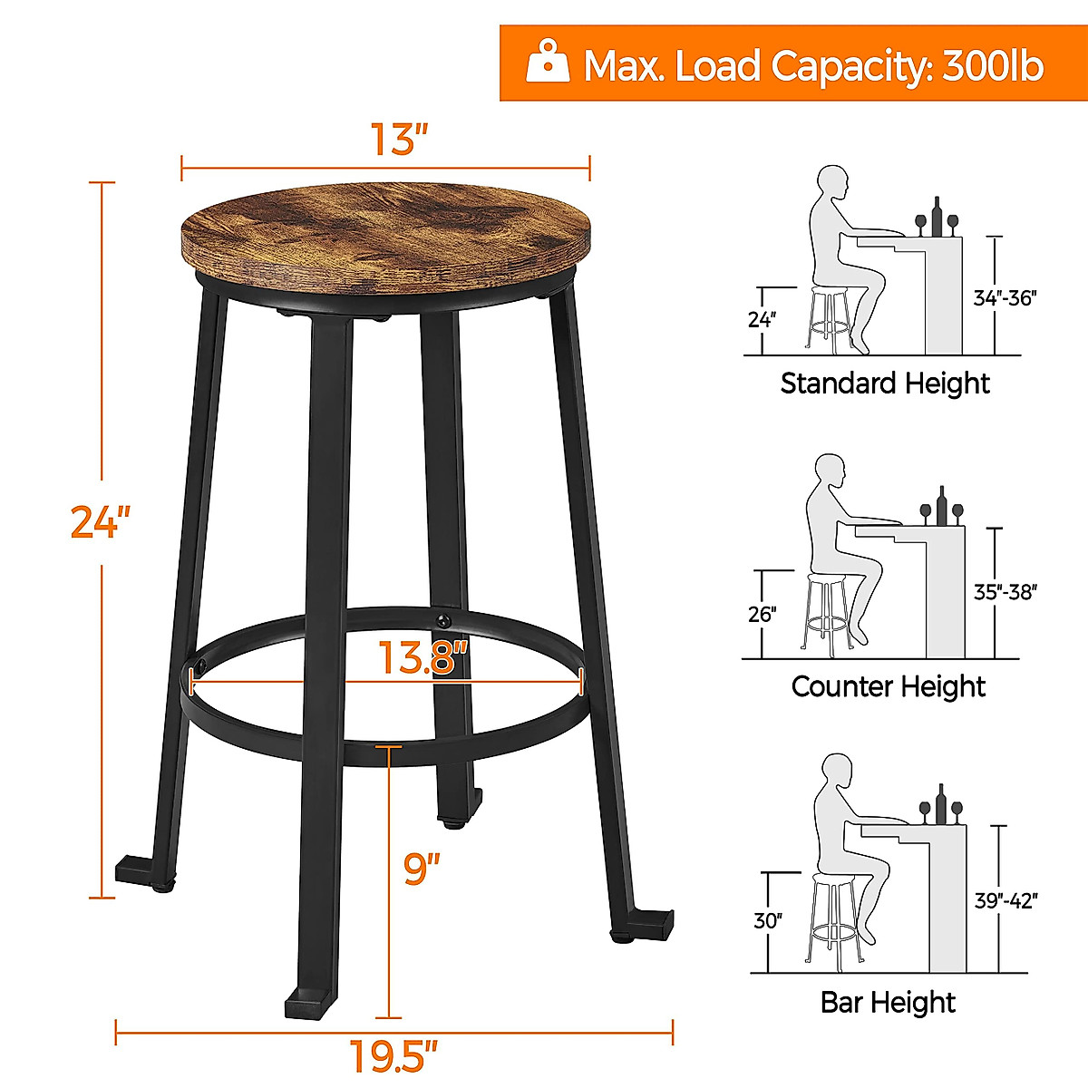 Yaheetech 24 inch Bar Stools Set of 2 Counter Height Stools Industrial Tall Bar Chair Round Backless Counter Stools with Metal Legs & Footrest for Dining Room/Living Room/Kitchen Counter Rustic Brown