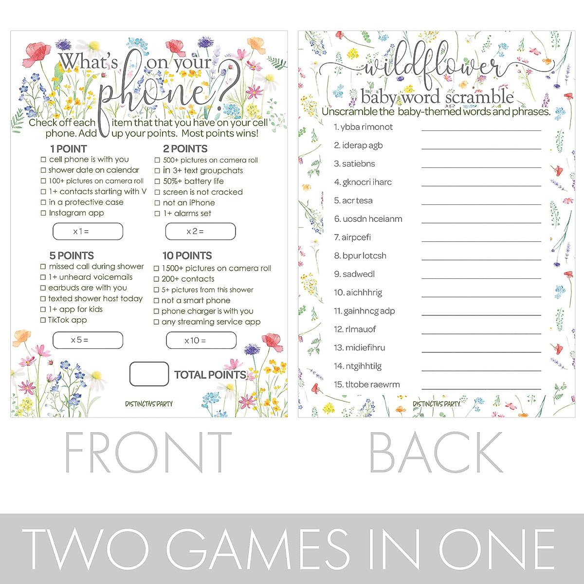 Little Wildflower Girl Baby Shower Party Games - What's On Your Phone and Word Scramble (2 Game Bundle) - 20 Dual Sided Cards - Baby in Bloom Party Supplies