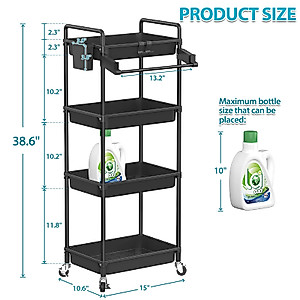SPACEKEEPER Rolling Storage Cart, 4-Tier Bathroom Organizer Utility Cart Laundry Room Organization Mobile Shelving Unit with Towel Rack, Lockable Wheel, Hooks & Cup for Kitchen Bedroom Office, Black